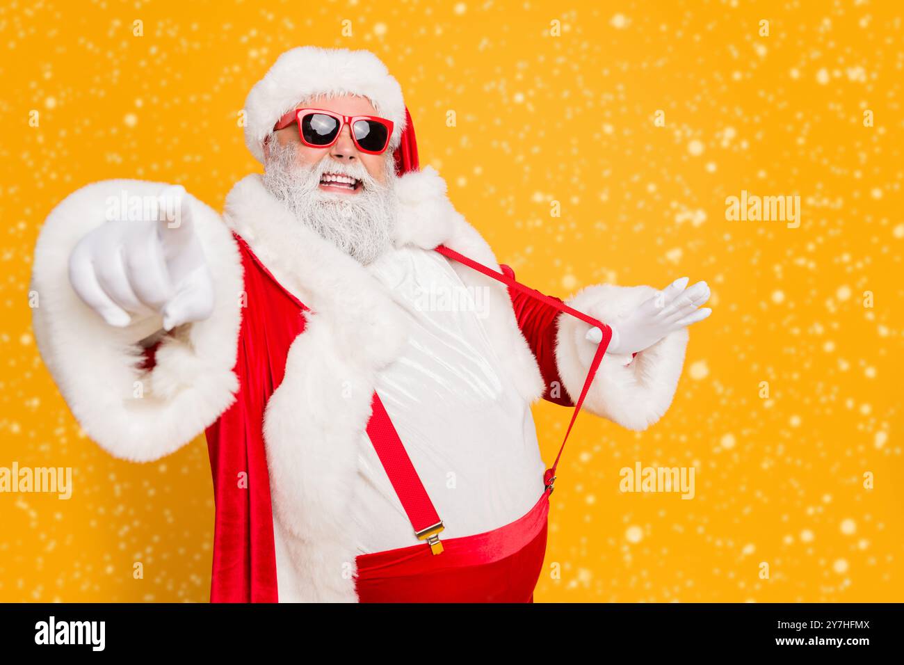 Profile side photo of funky fat santa claus point index finger choose ...