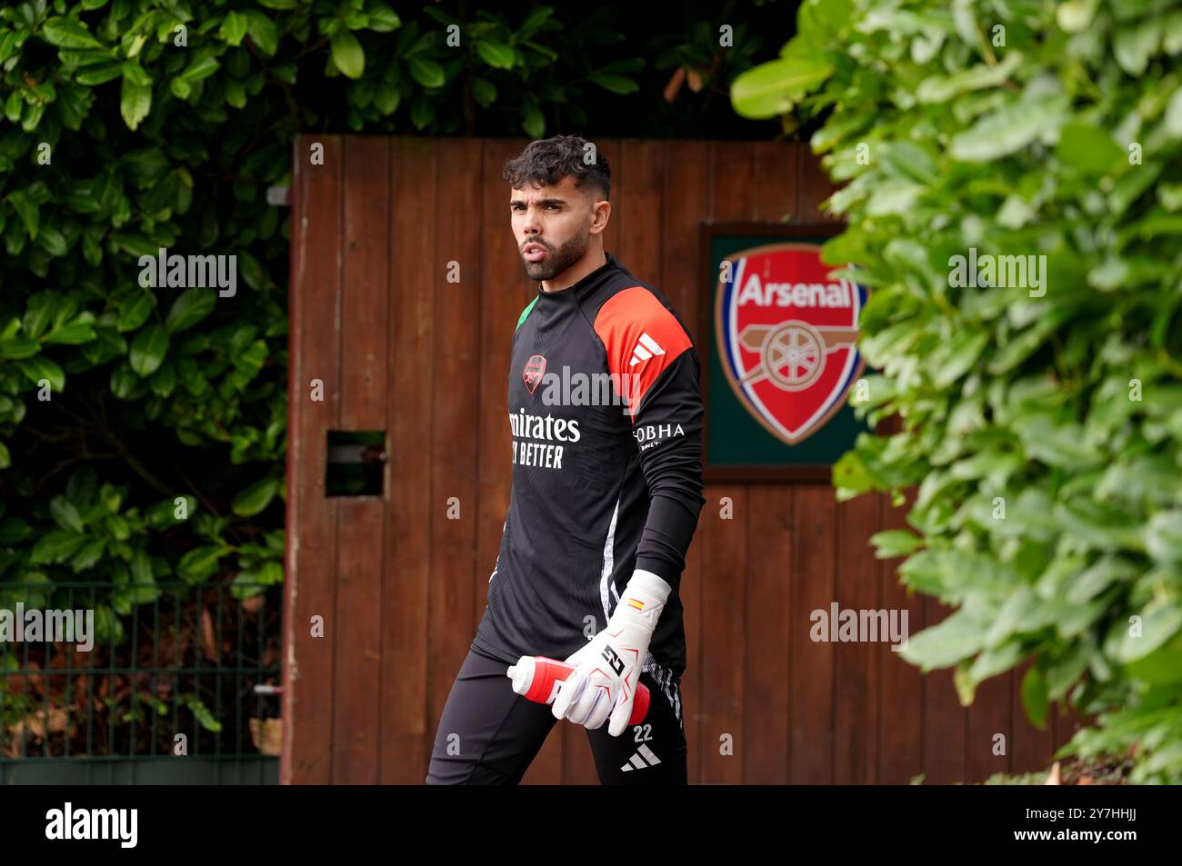 Arsenal goalkeeper David Raya arrives to a training session at Sobha ...