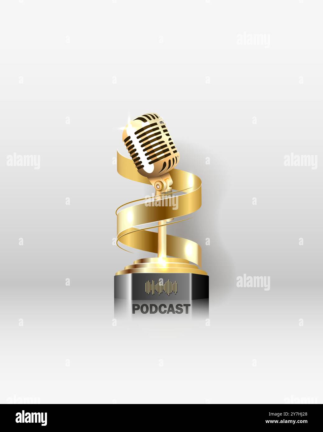 3d Podcast microphone gold on stand and audio wave, audio equipment ...
