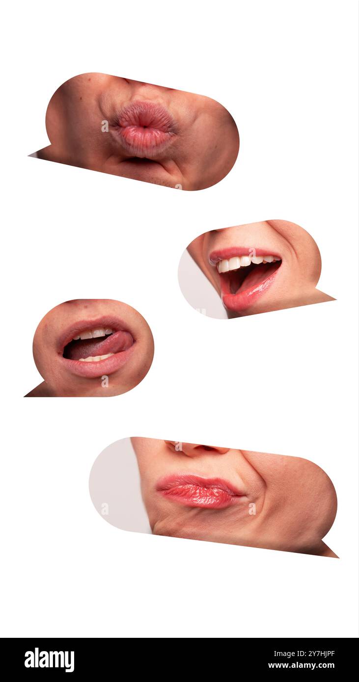 Collage. Four different mouths inside speech bubbles, each expressing ...
