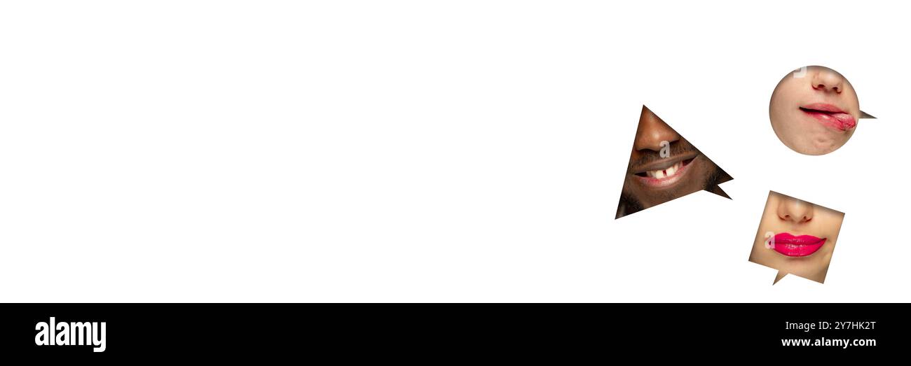 Collage. Three mouths inside speech bubbles, one with a big smile, one ...