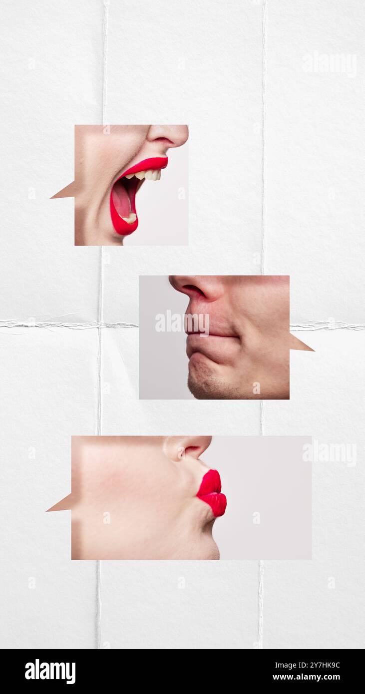Collage. Three mouths, male and female inside speech bubbles, one ...