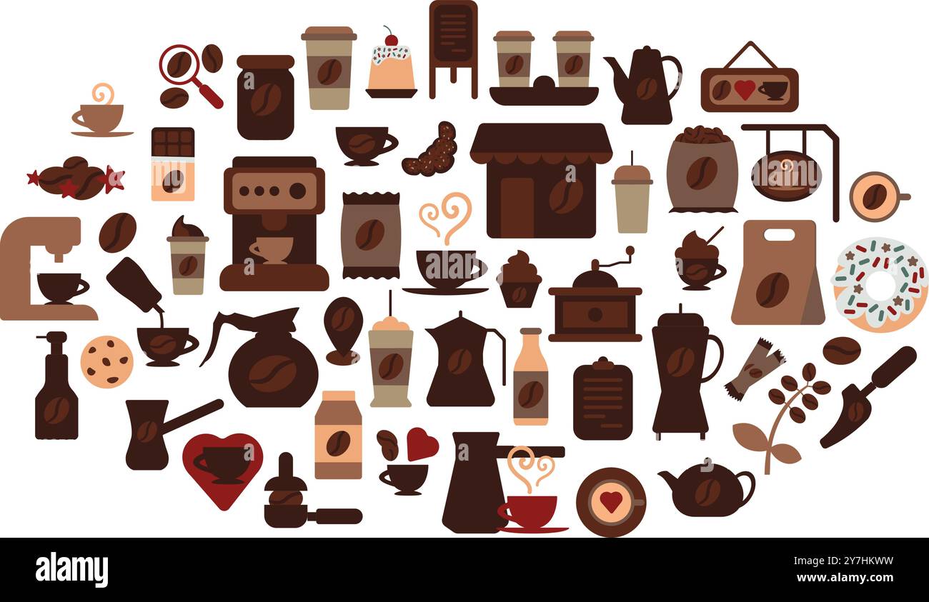 Set of vector coffee-themed icons in cartoon solid style. Collection of various types of coffee ...