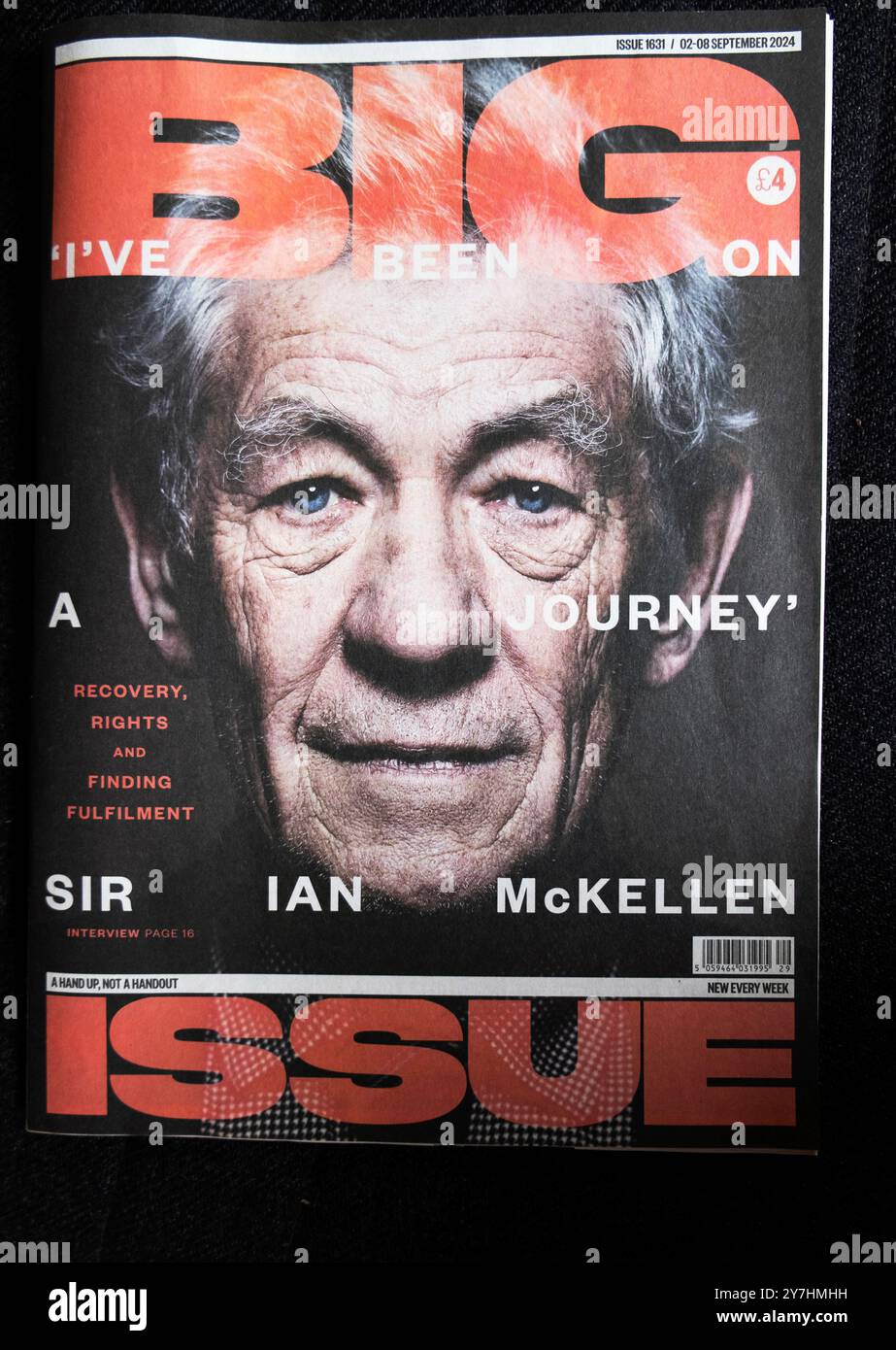 British actor Sir Ian McKellen on the front cover of Big Issue Magazine ...