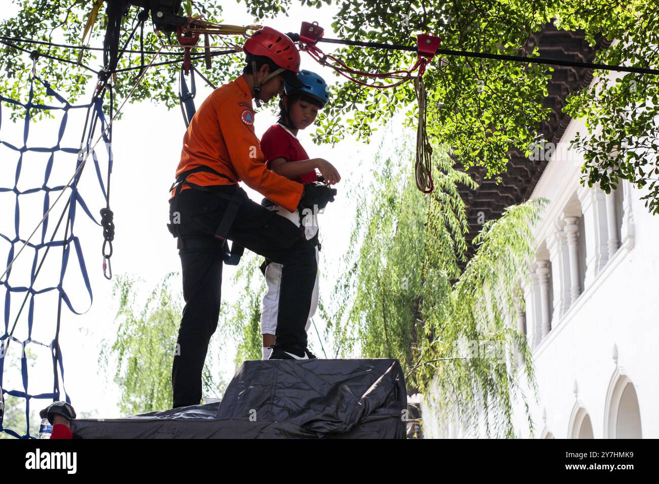A child plays flying fox during a West Java children's disaster ...