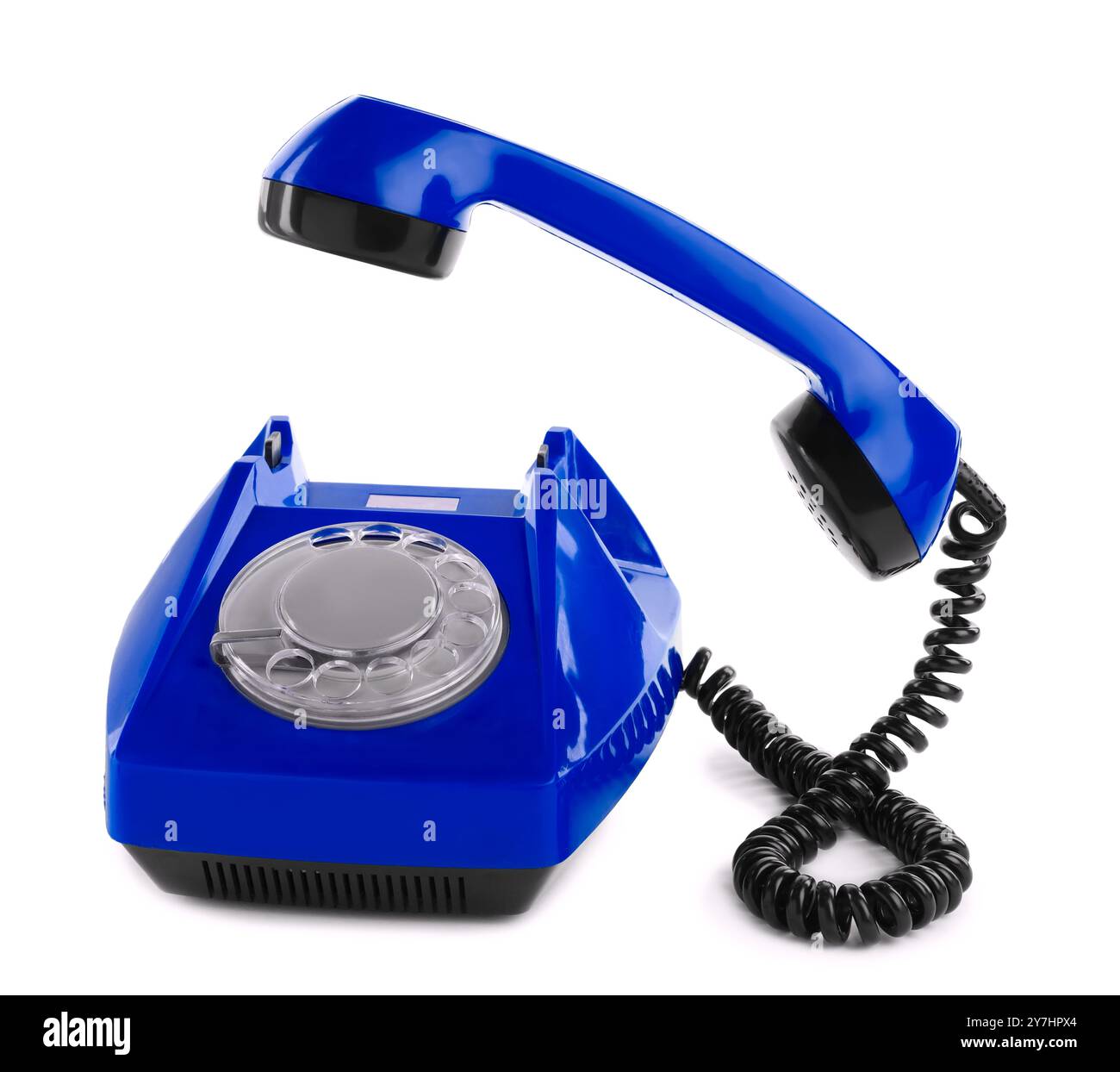Old blue telephone with rotary dial isolated on white Stock Photo - Alamy