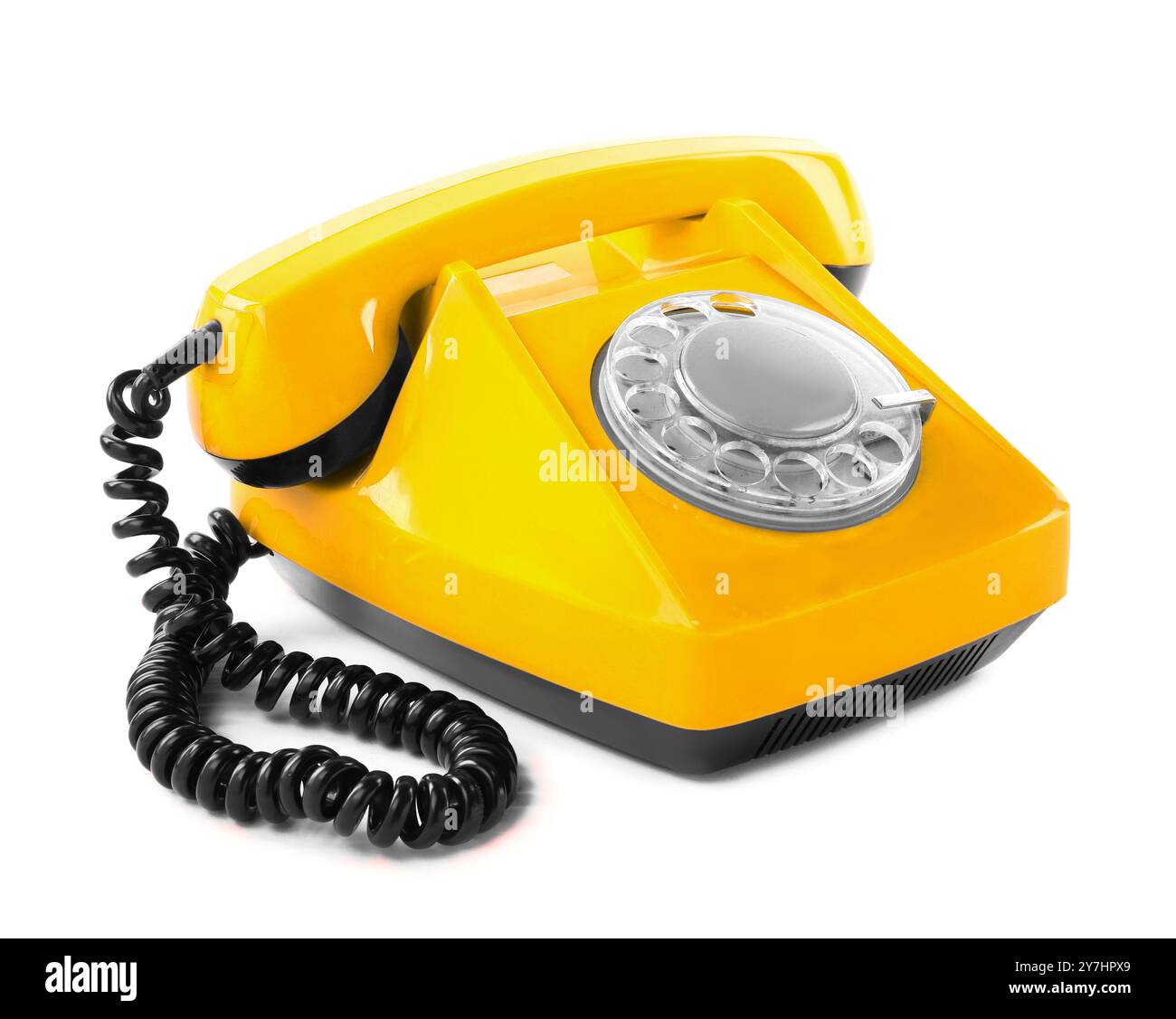 Old yellow telephone with rotary dial isolated on white Stock Photo - Alamy