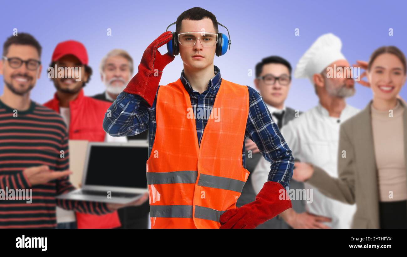 Technician and people of other professions on violet blue background ...