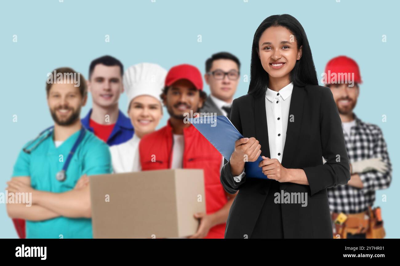 Secretary and people of other professions on light blue background ...