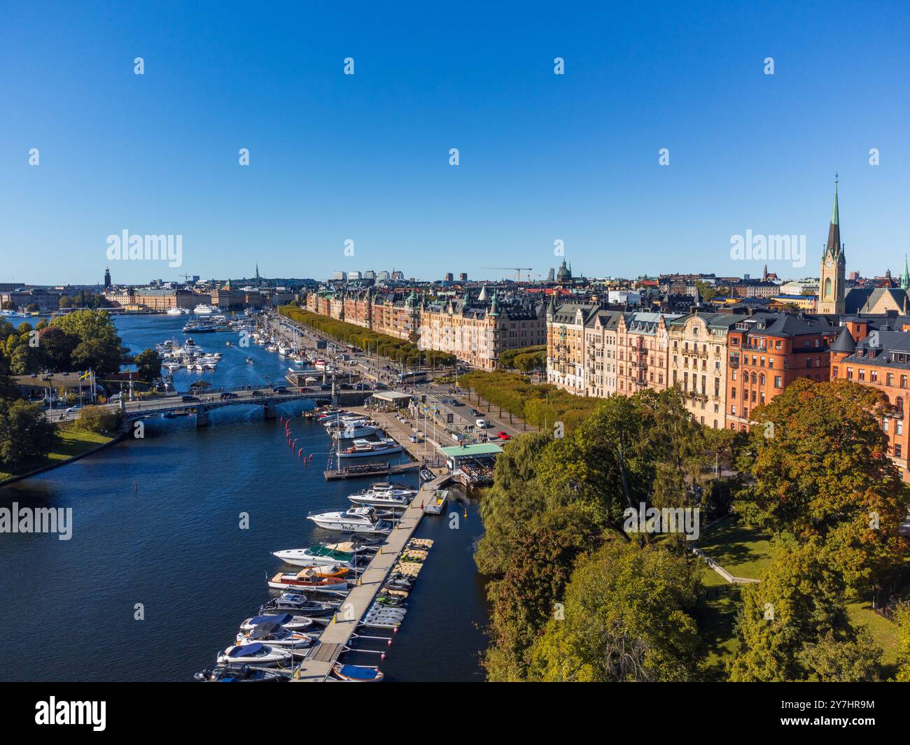 Strandvägen, famous street of Stockholm, early autumn, from above, with ...