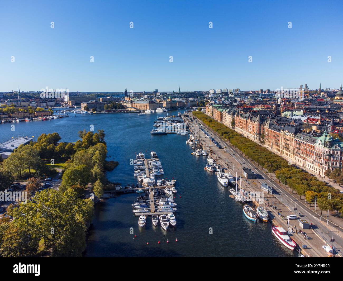 Strandvägen, famous street of Stockholm, early autumn, from above, with ...
