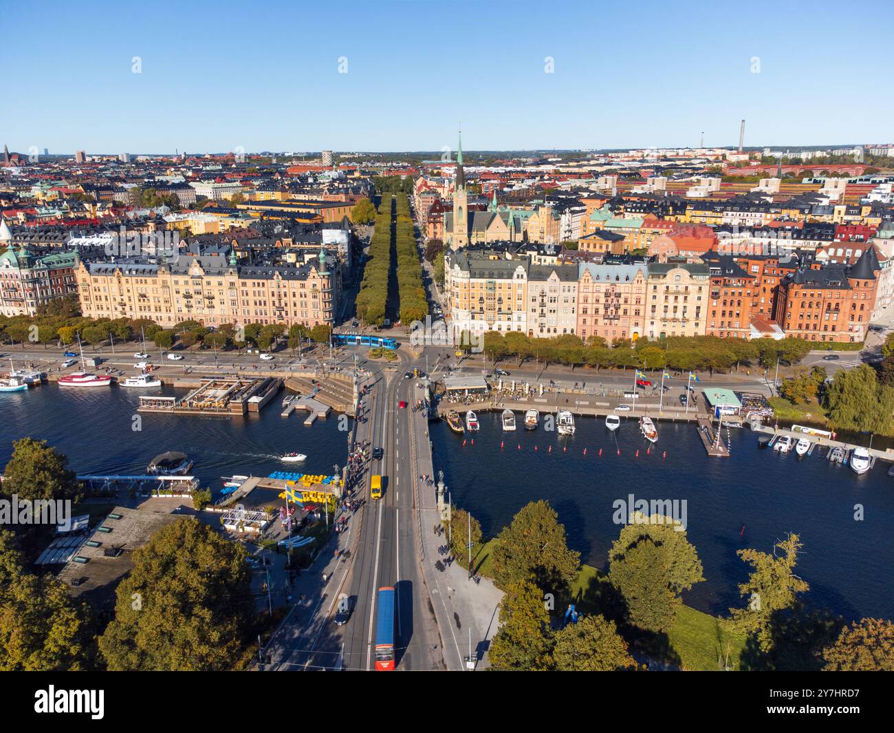 Strandvägen, famous street of Stockholm, early autumn, from above, with ...