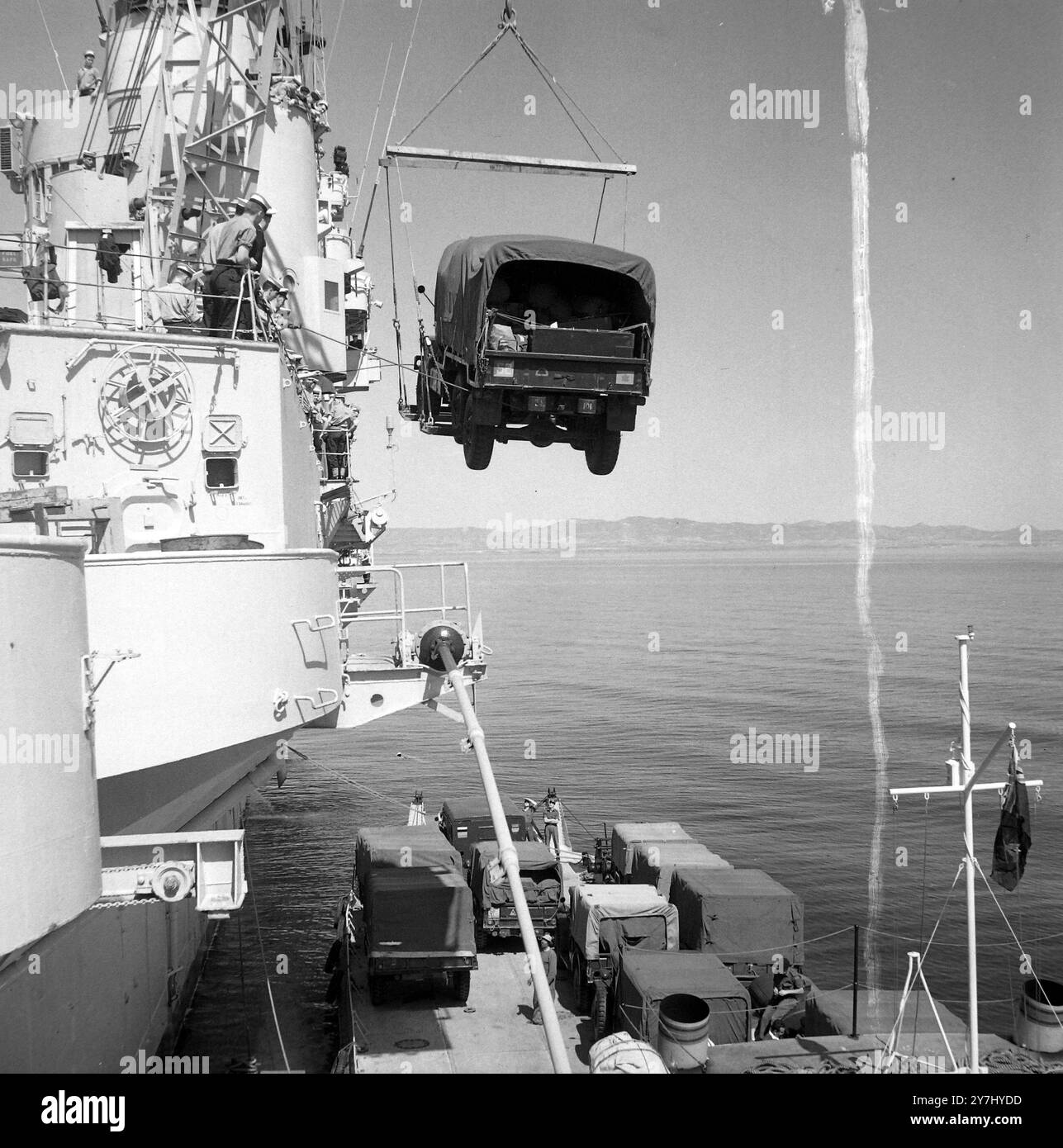 ARMY CANADIAN ARMY TRUCK LOWERED ON TO A LANDING CRAFT IN FAMAGUSTA ...