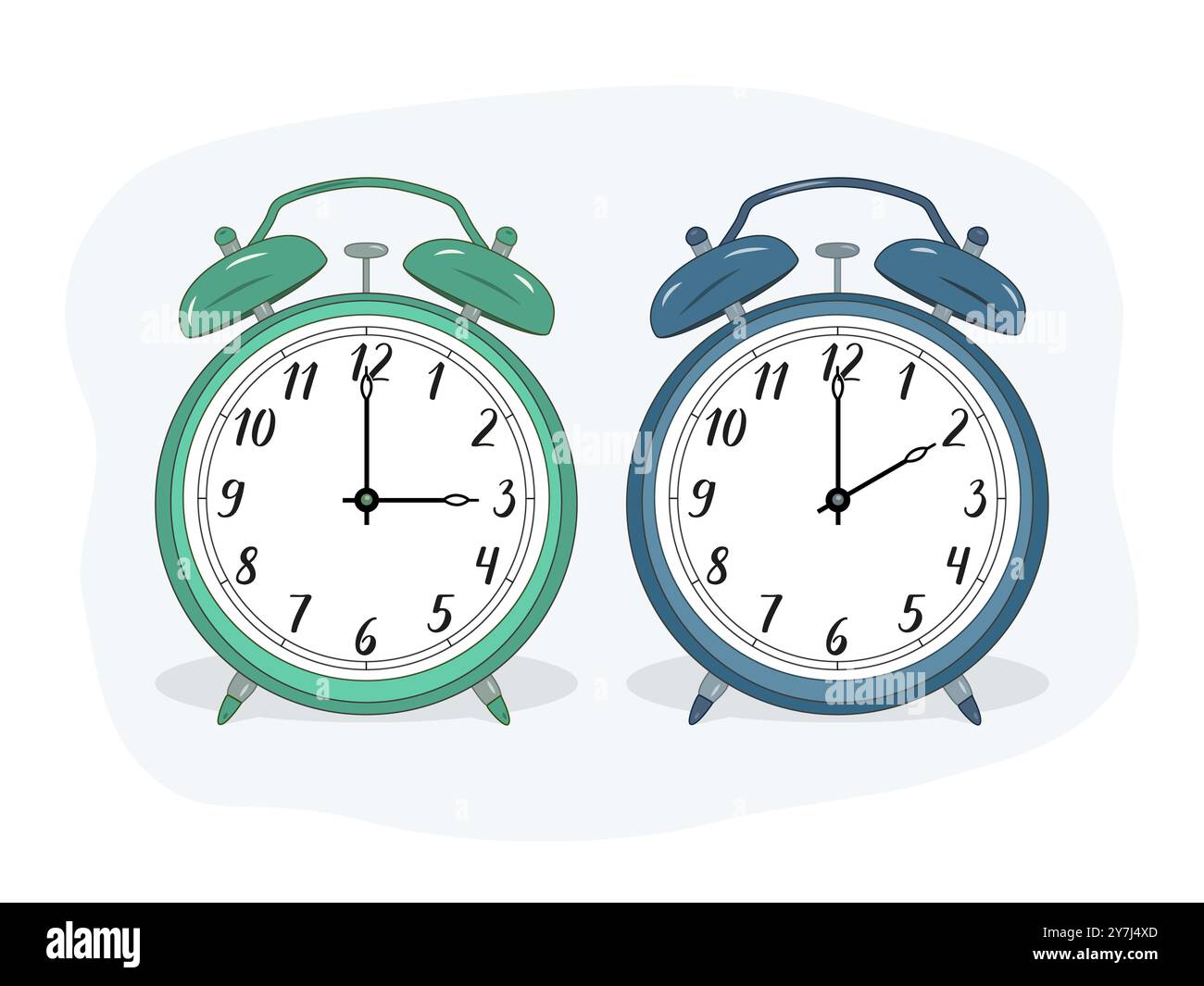 Illustration of two alarm clocks. The green one symbolizes summer, the blue one winter. Time ...