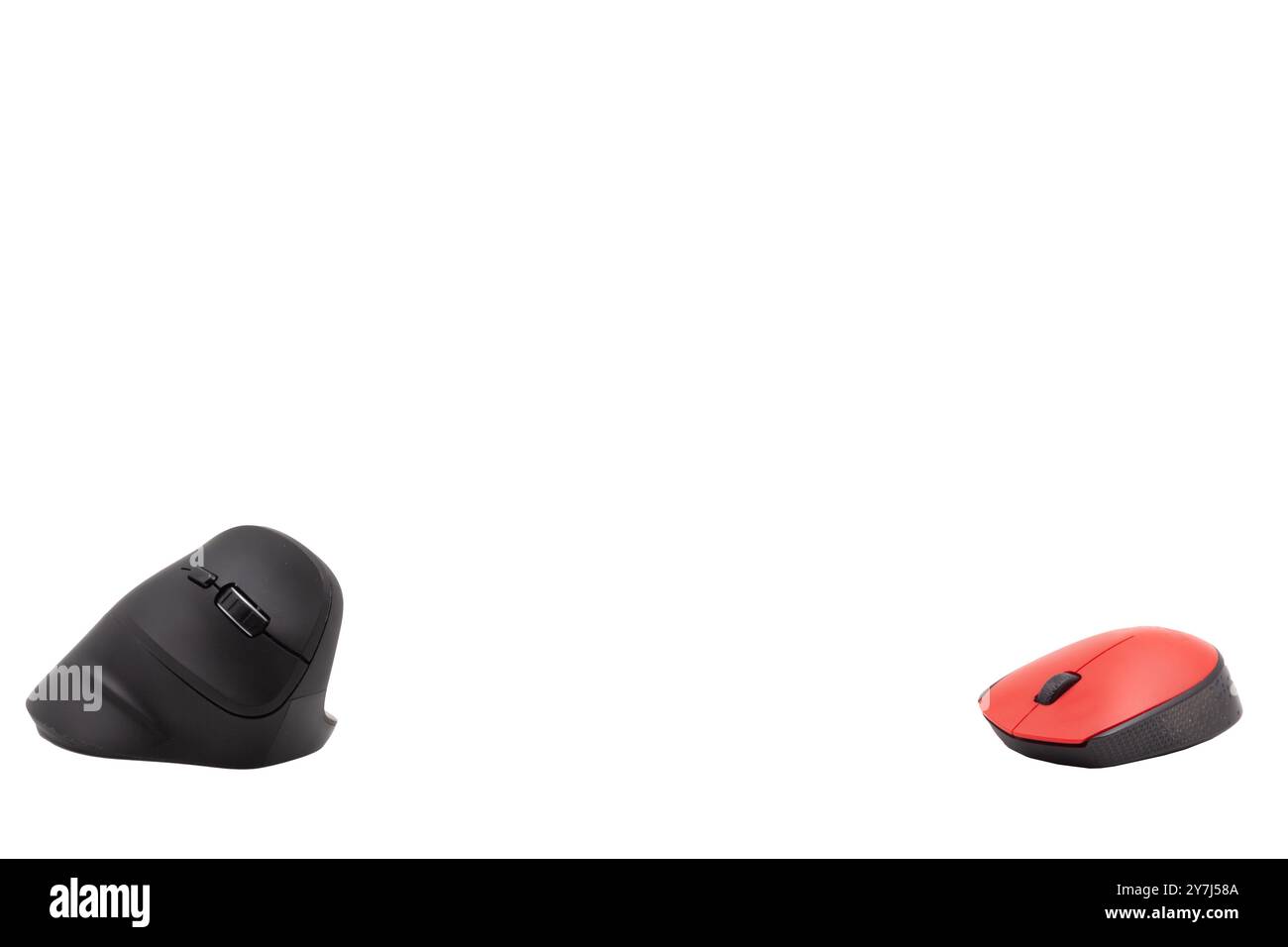 Vertical black and horizontal red computer mouse on a white background ...