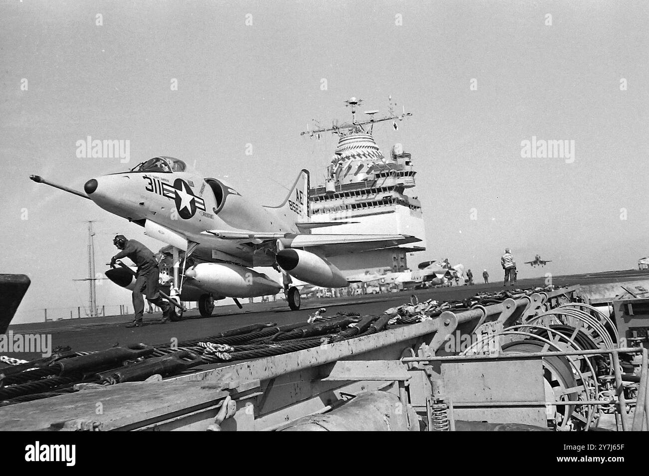 US NAVY A4C SKYHAWK ATTACK JET AIRCRAFT ON BOARD, DECK OF USS ...