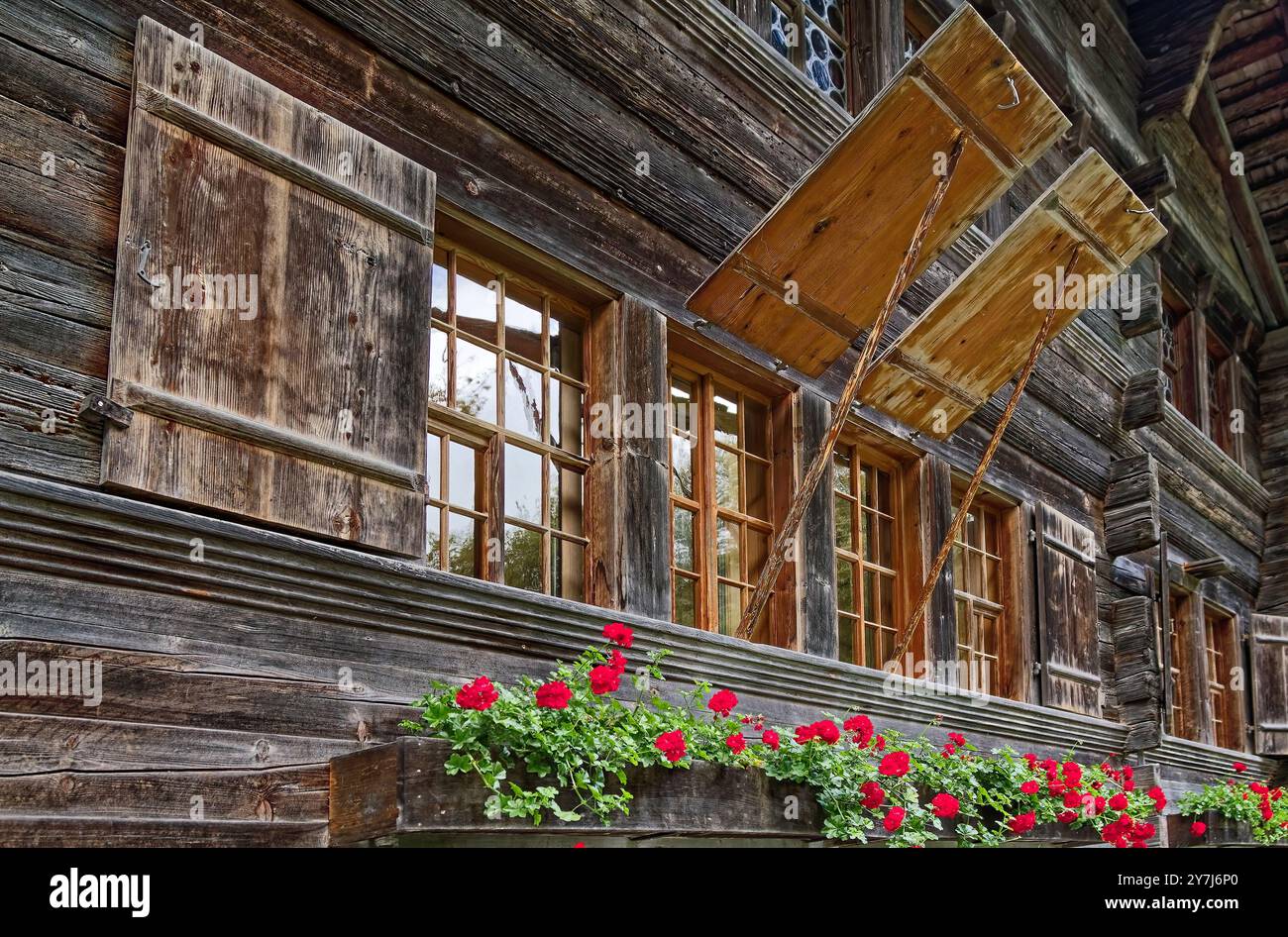old wood dwelling, 1570, windows, shutters open upward, close-up, red ...