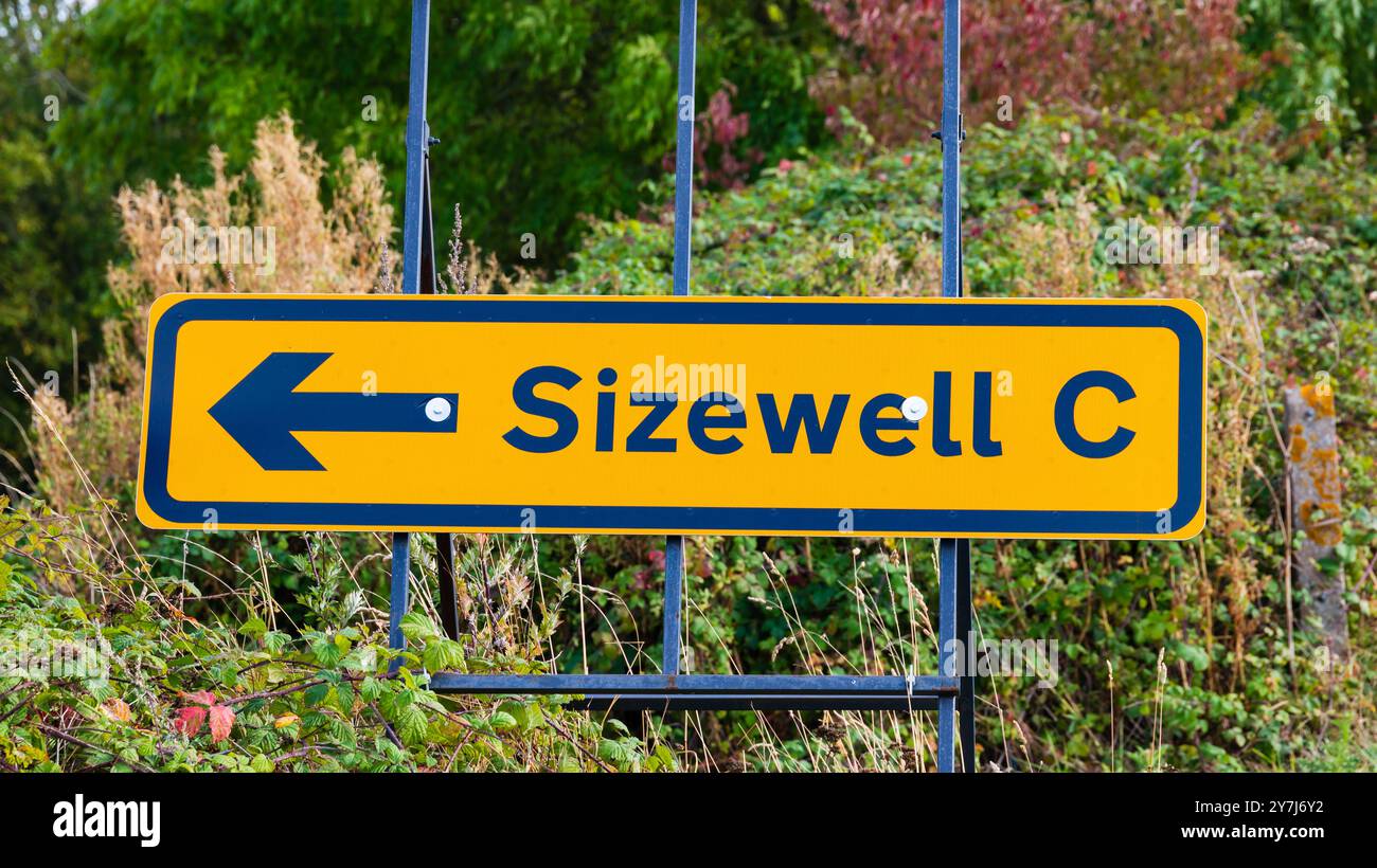 Yellow traffic direction sign to the new Sizewell C nuclear power ...