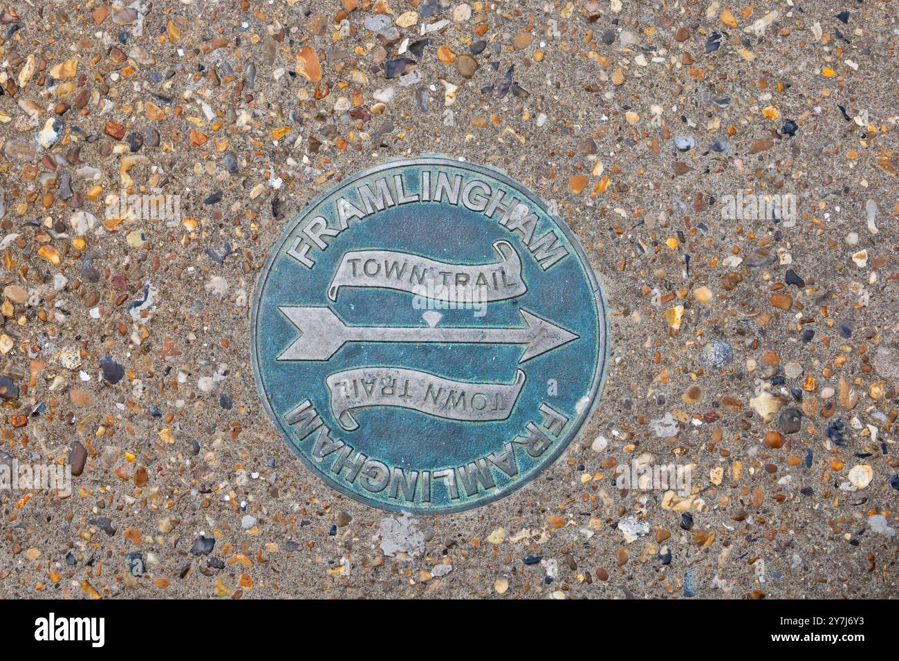 Framlingham town trail plaque inset to pavement. market town, Suffolk ...