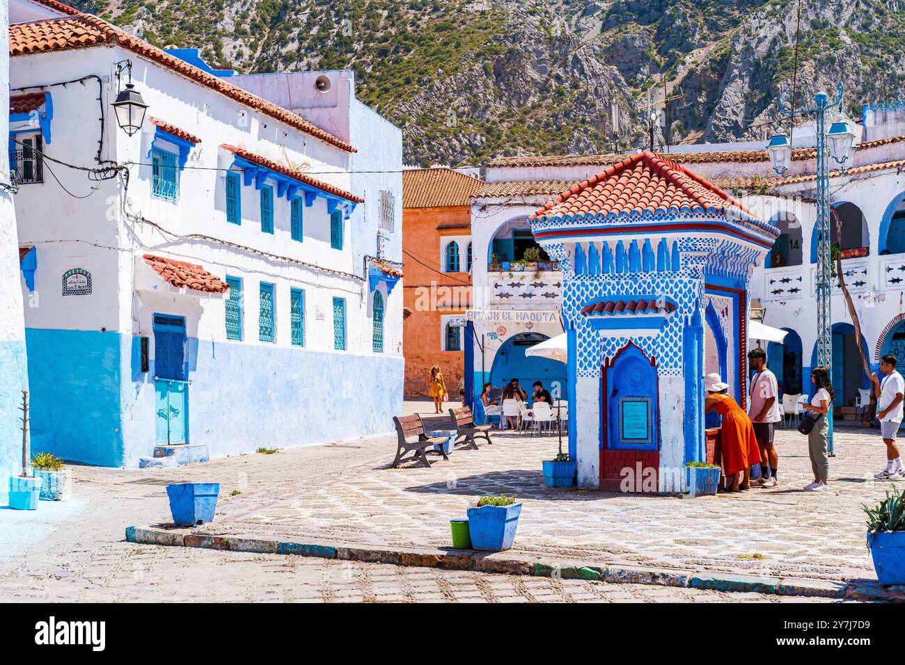 Chefchaouen, Morocco - 23 Aug 2023: Main square of Chefchaouen, the ...