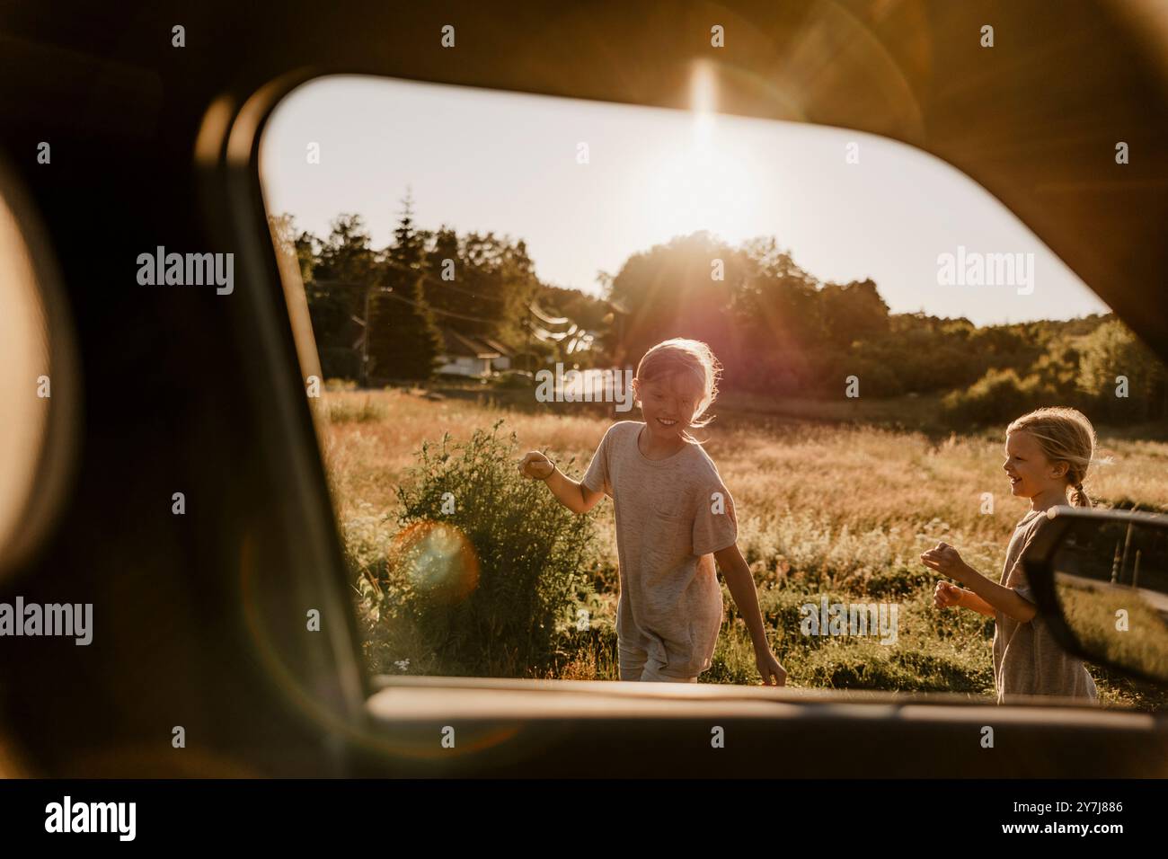 Happy male siblings playing in meadow seen through car window Stock ...