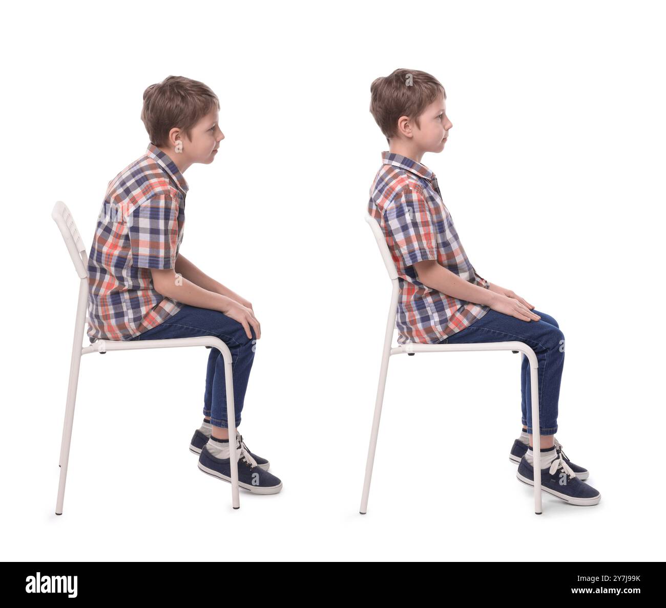 Good and bad posture, collage. Boy sitting on chair against white ...