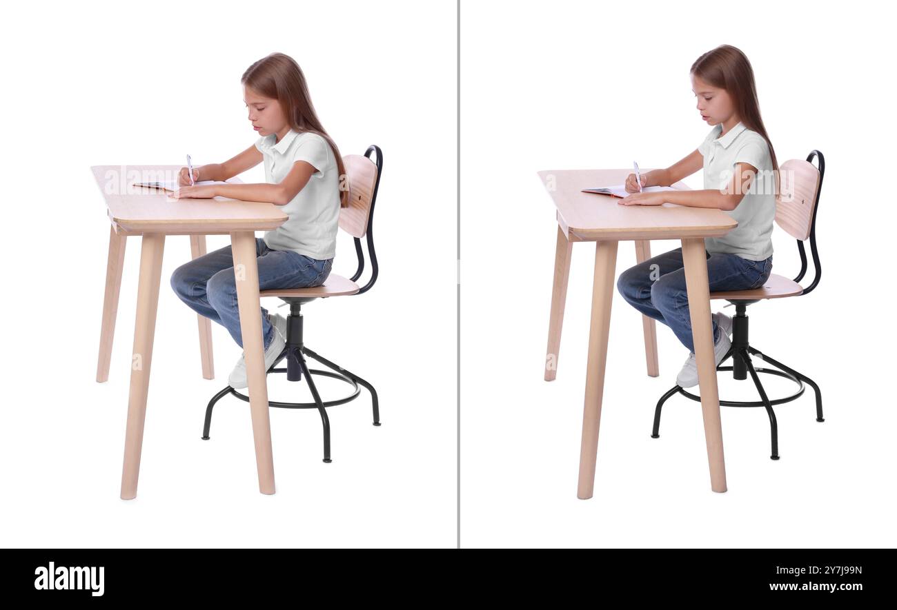 Good and bad posture, collage. Girl writing in notebook at wooden desk ...