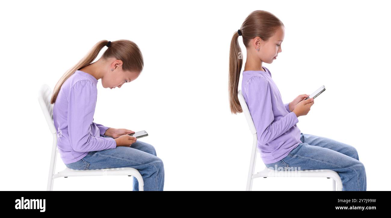 Good and bad posture, collage. Girl sitting on chair and using mobile ...