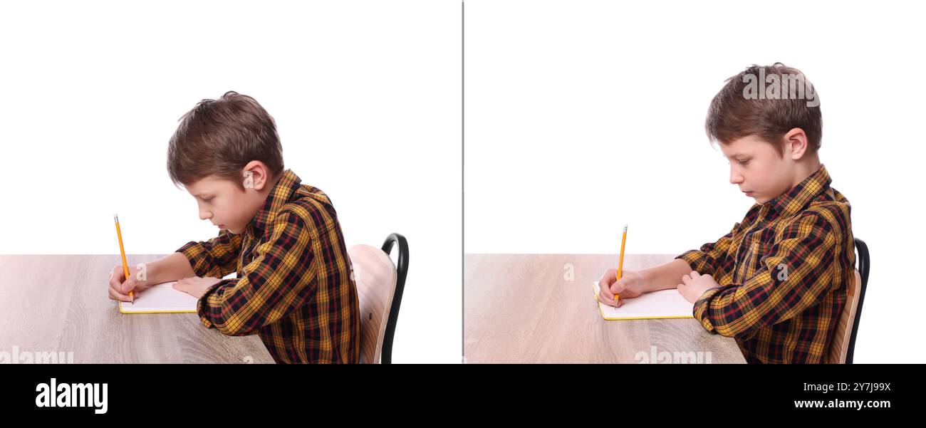 Good and bad posture, collage. Boy writing in notebook at wooden desk ...