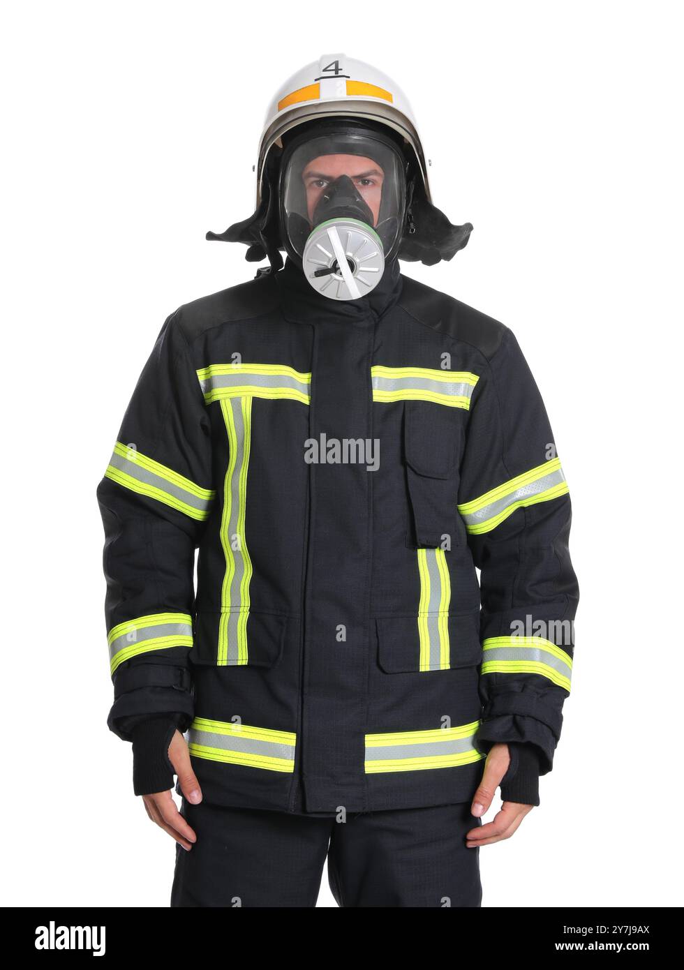 Portrait of firefighter in uniform, helmet and gas mask on white ...