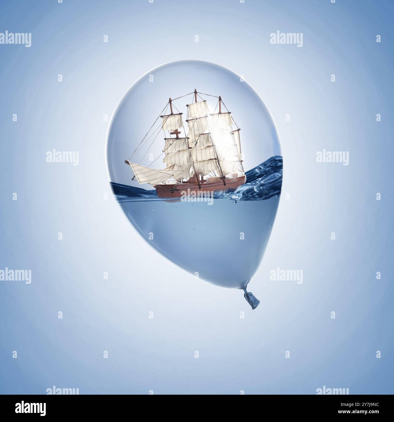 Ship floating on water inside balloon against light blue background ...