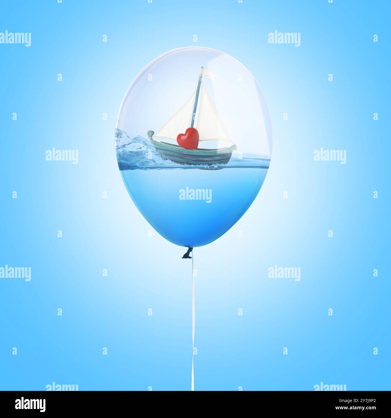 Small boat with red heart floating on water inside balloon against ...