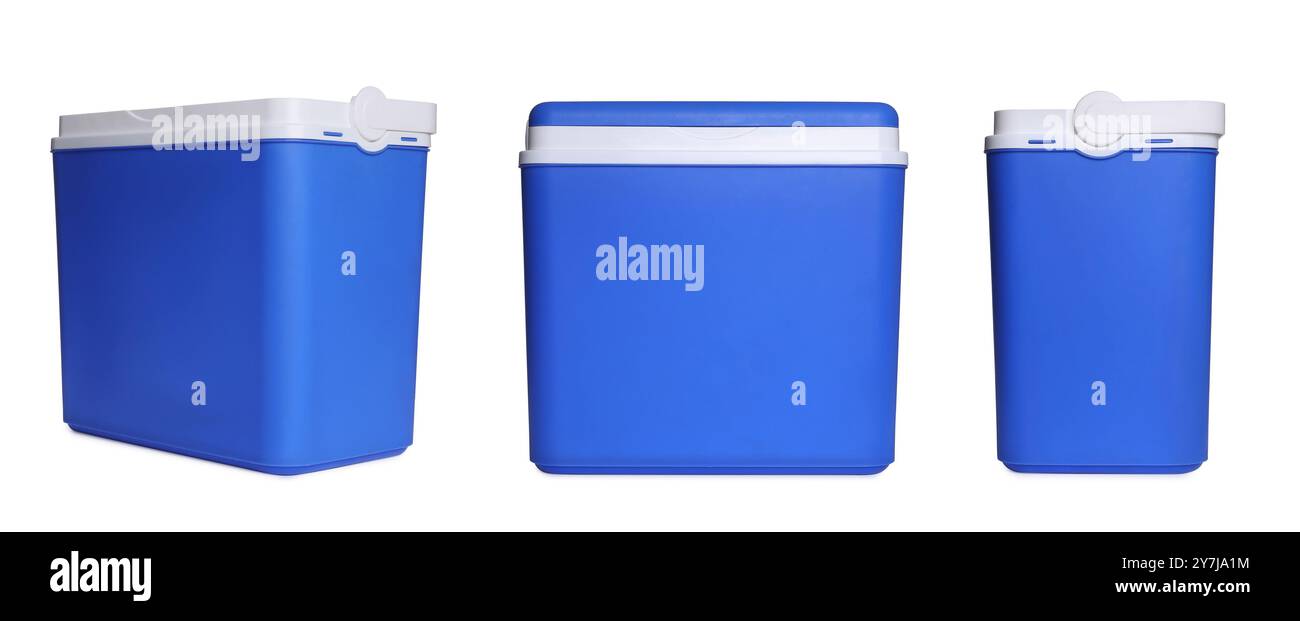 Blue cool box isolated on white, set Stock Photo - Alamy