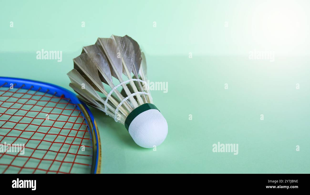 Badminton shuttlecocks with rackets on a green background symbolizing ...