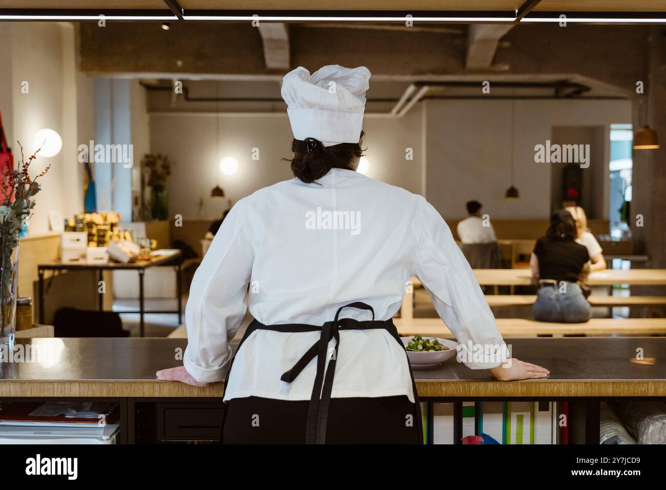 Rear view of female chef standing near kitchen island while watching ...