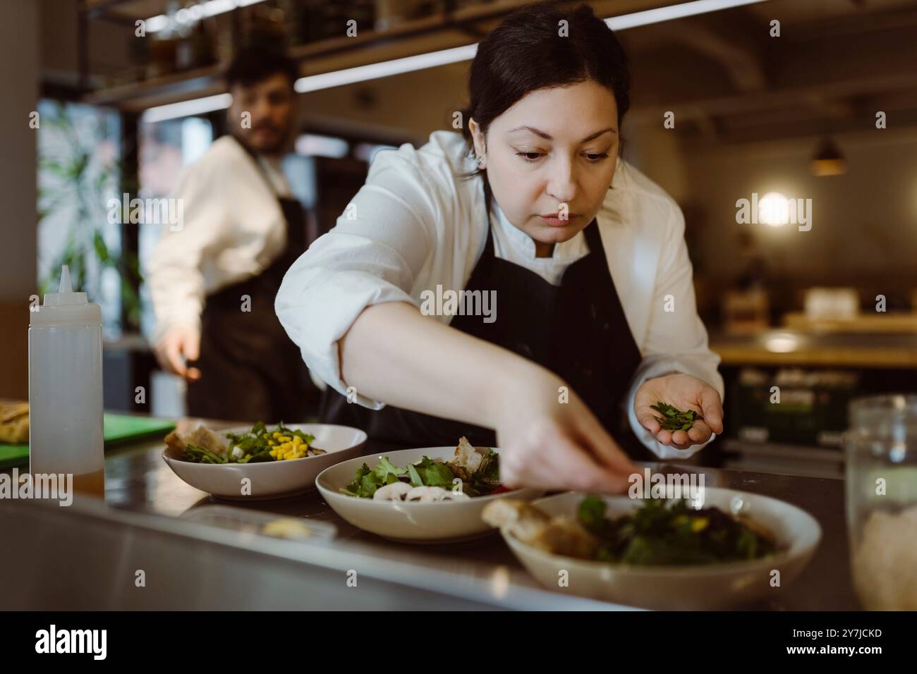 Focused female chef garnishing salad with cilantro in commercial ...