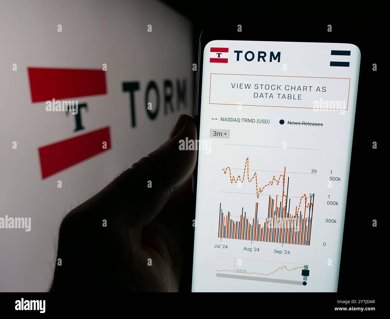 Person holding cellphone with webpage of Danish shipping company TORM ...
