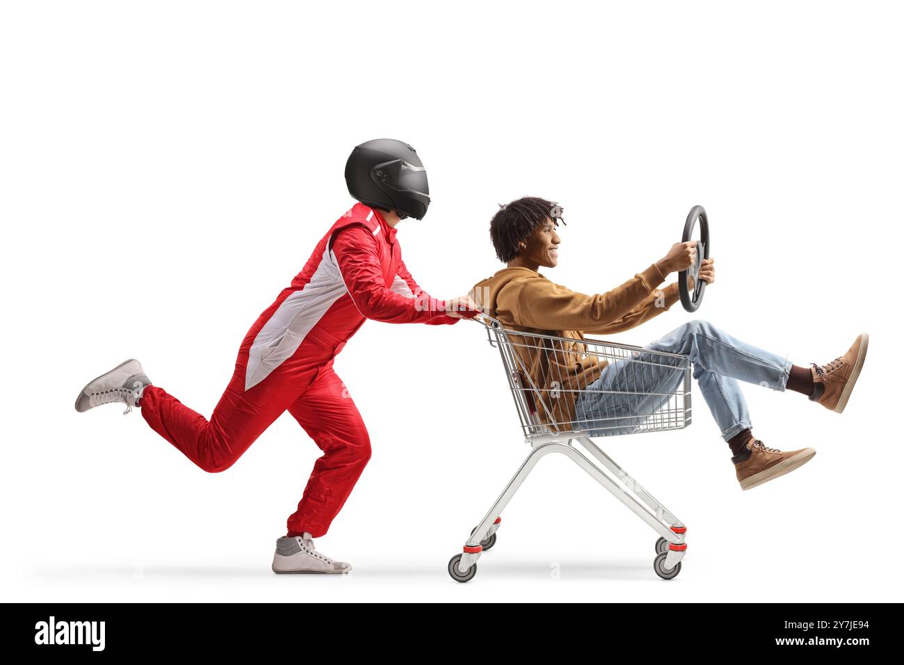 Car racer running and pushing a man inside a shopping cart isolated on ...