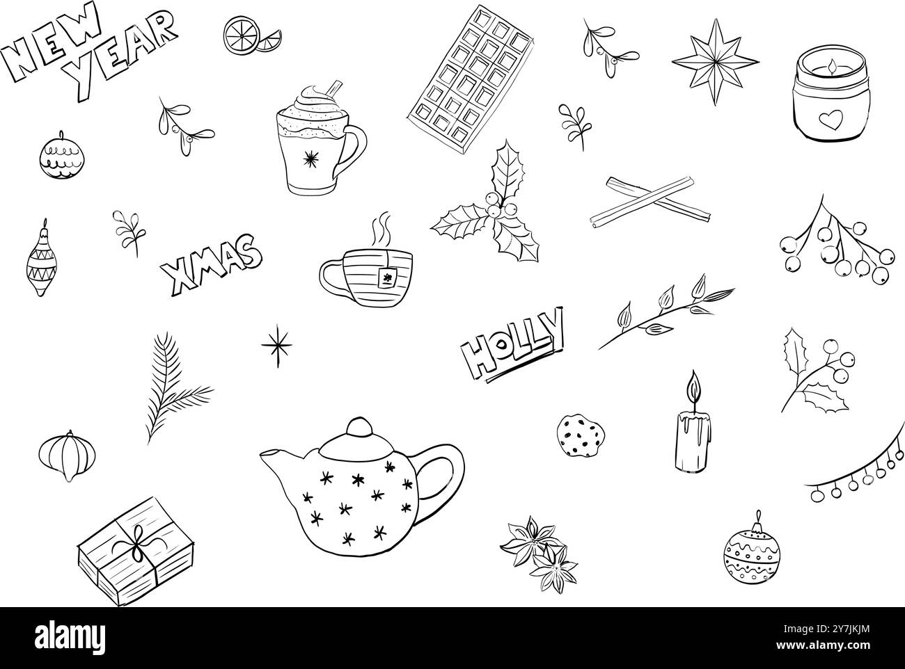 Hand-Drawn Christmas Doodle Set. Festive Black and White Holiday ...