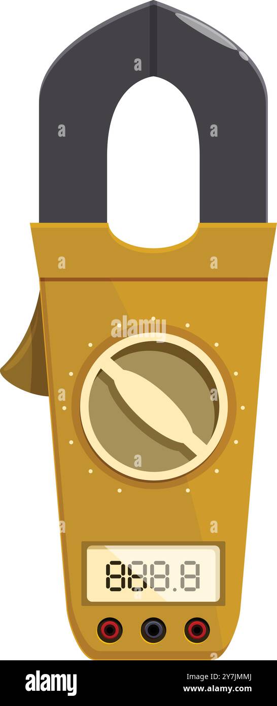 Yellow digital clamp meter measuring electricity consumption with black ...