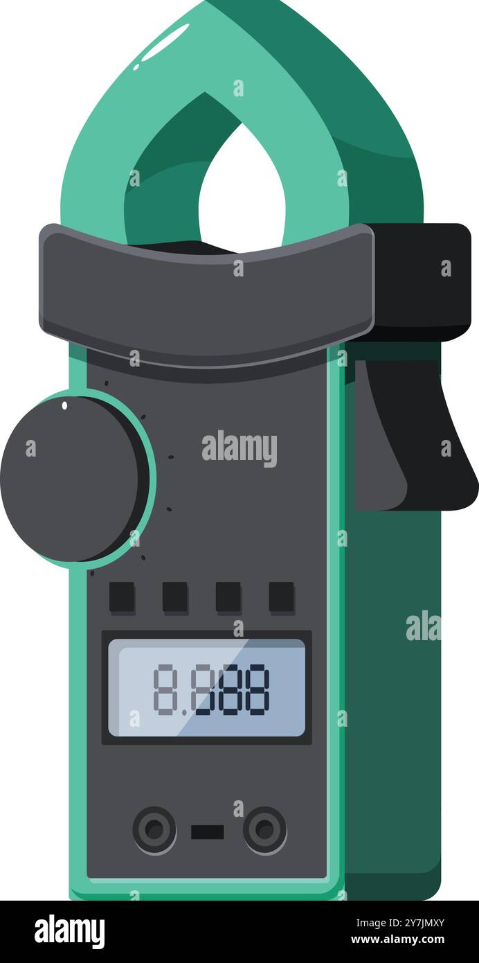 Digital clamp meter measuring electrical current with probes on white ...