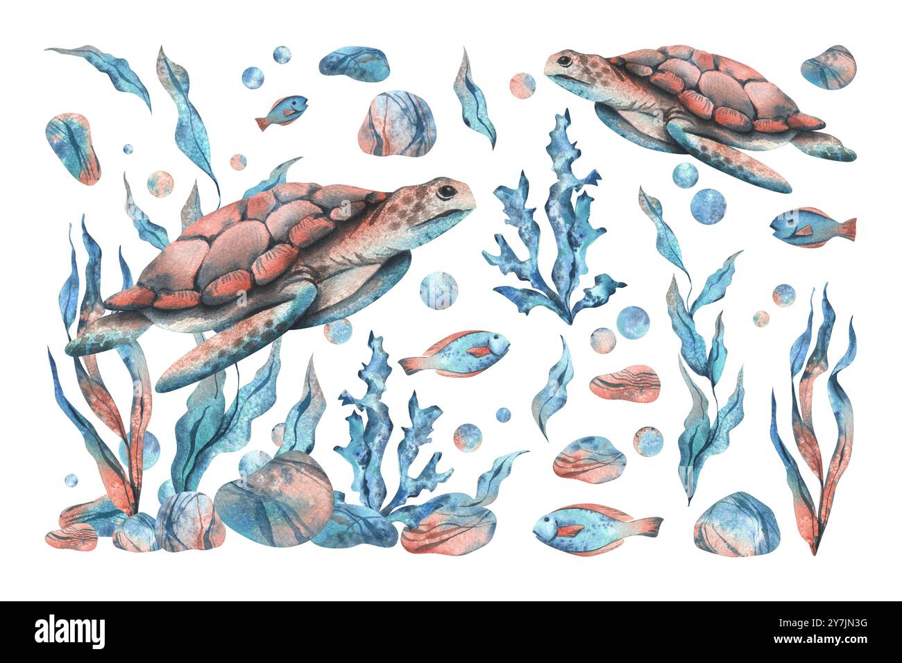 Underwater world clipart with sea animals turtle, fish, pebbles ...