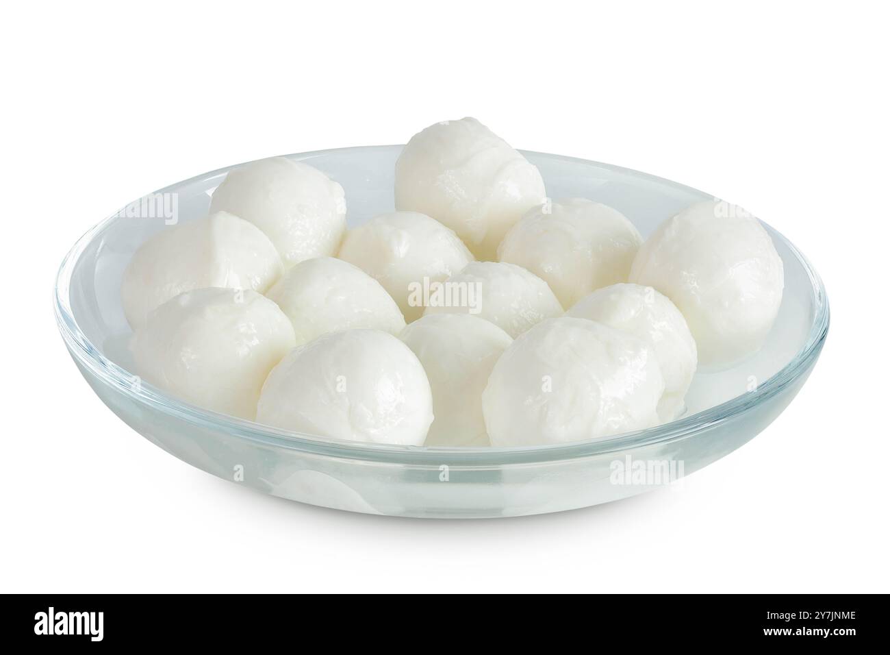 Mini mozzarella balls in a glass bowl isolated on white background with ...