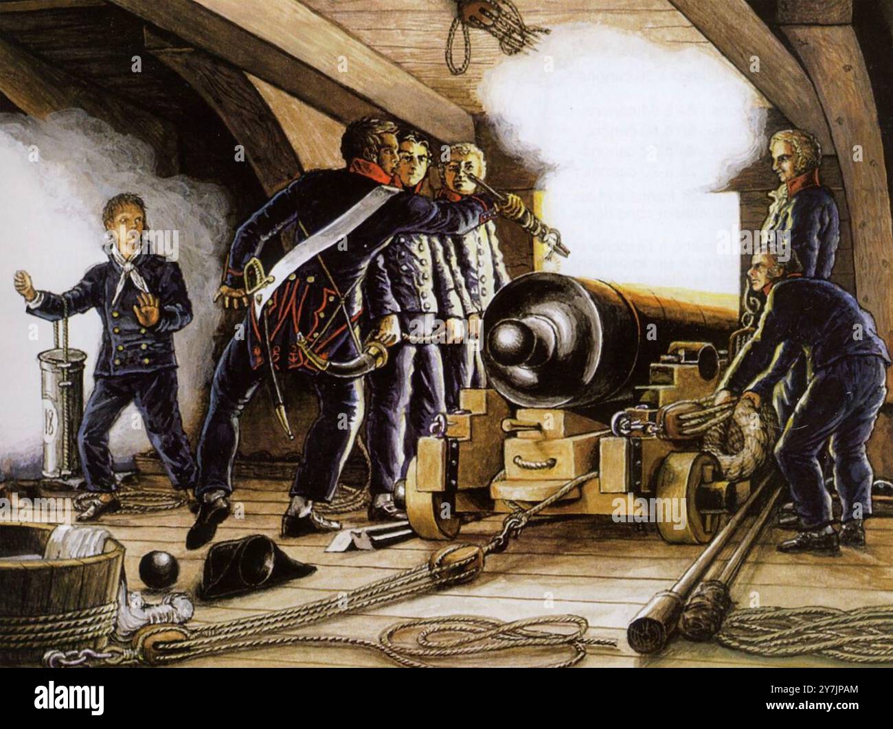 FRENCH NAVAL GUNNERY Illustration of the gundeck of a French warship of ...