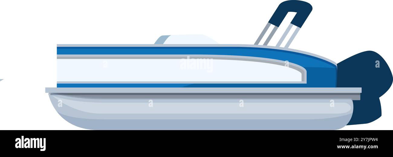 Modern blue and grey pontoon boat with motor sailing on white ...
