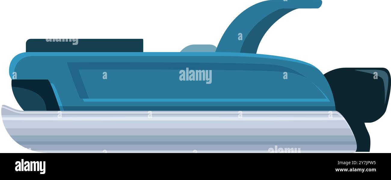 Blue motor pontoon boat with canopy sailing on water surface, side view ...