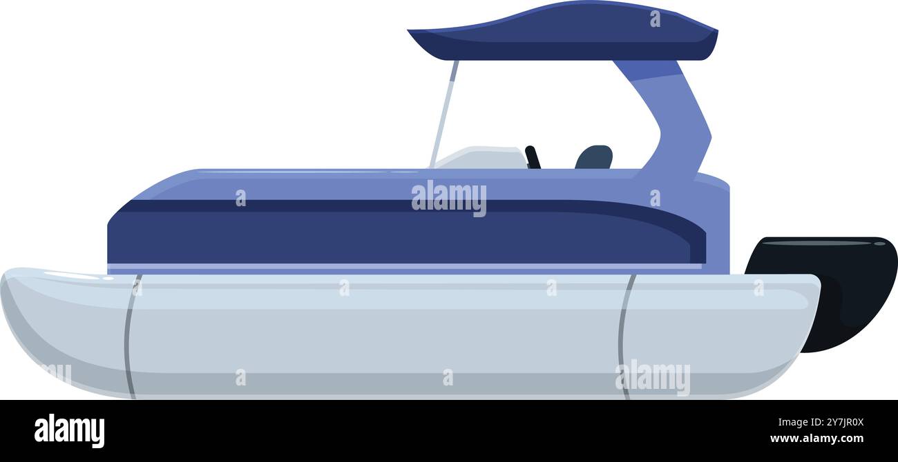 Modern blue pontoon boat with canopy floating on water, side view ...