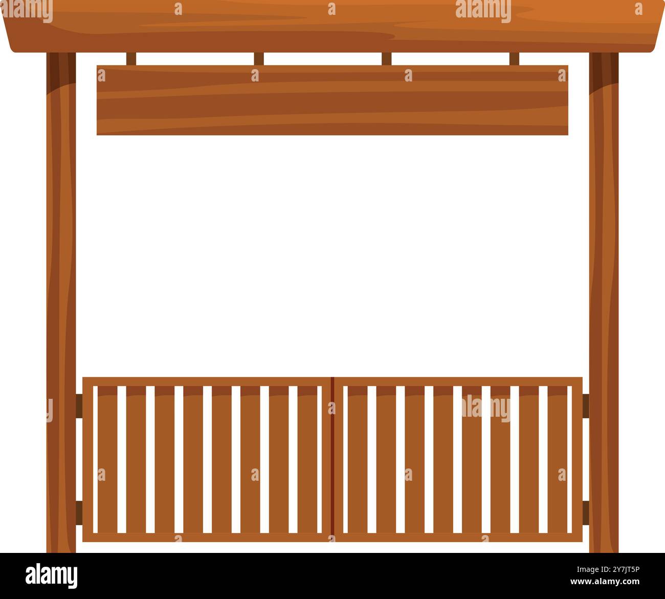 Brown wooden gate entrance with blank sign hanging for displaying ...