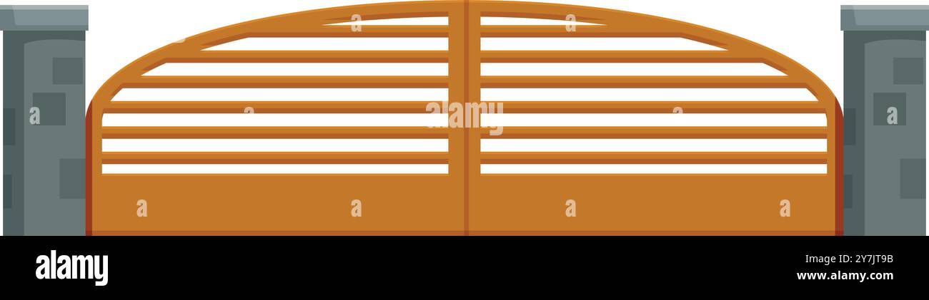 Arched double wooden gate with stone pillars, providing security and ...