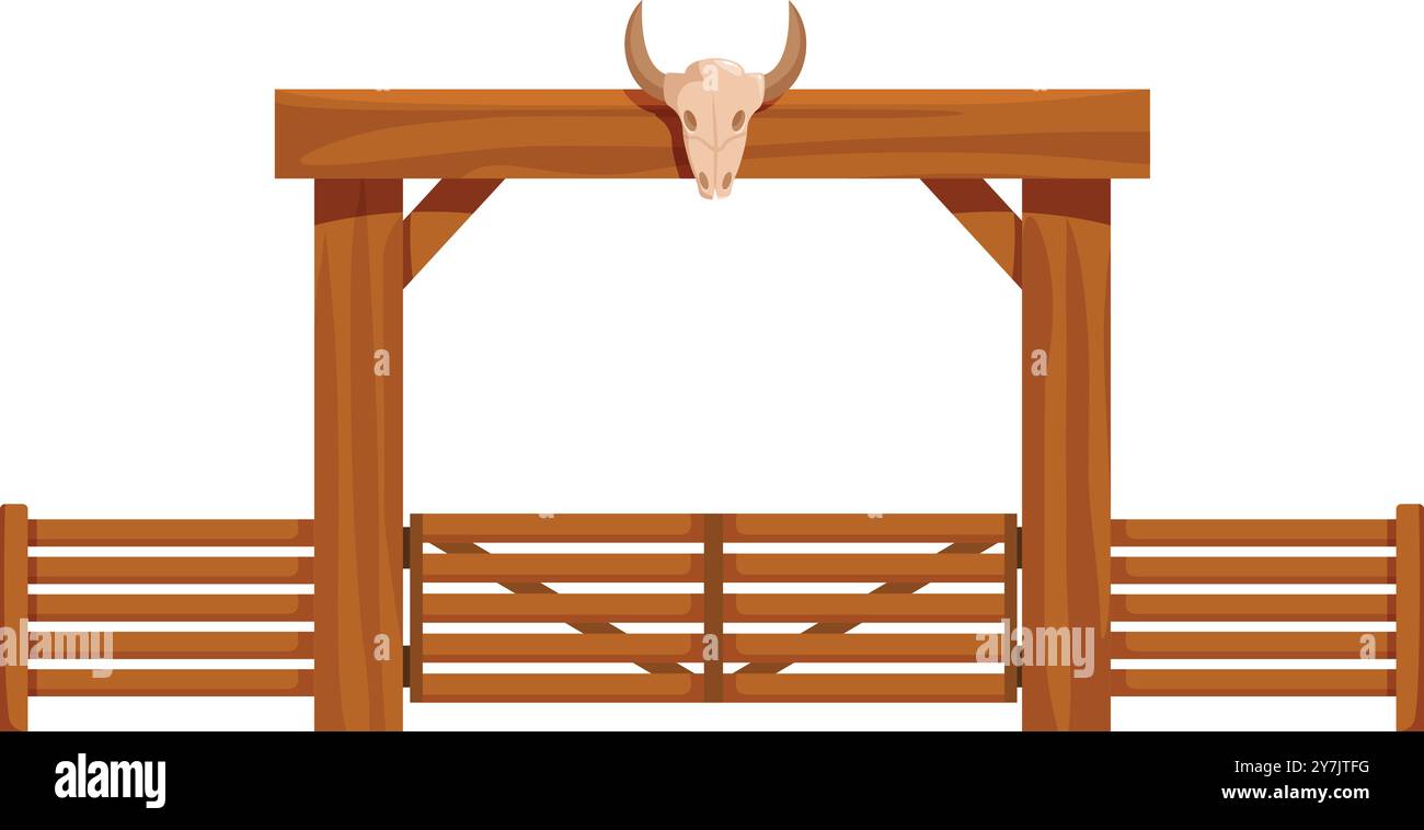 Wooden fence with a gate and a bull skull, creating a classic farm or ...
